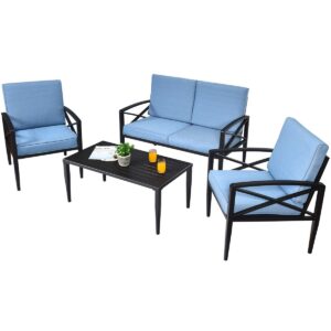 Tangkula 8PCS Outdoor Aluminum Patio Conversation Set, Patio Sofa Set 2 Loveseat, 4 Single Sofas, 2 Coffee Table, Outdoor Furniture Set w/Padded Cushions for Garden, Yard, Pool, Backyard (2, Blue)