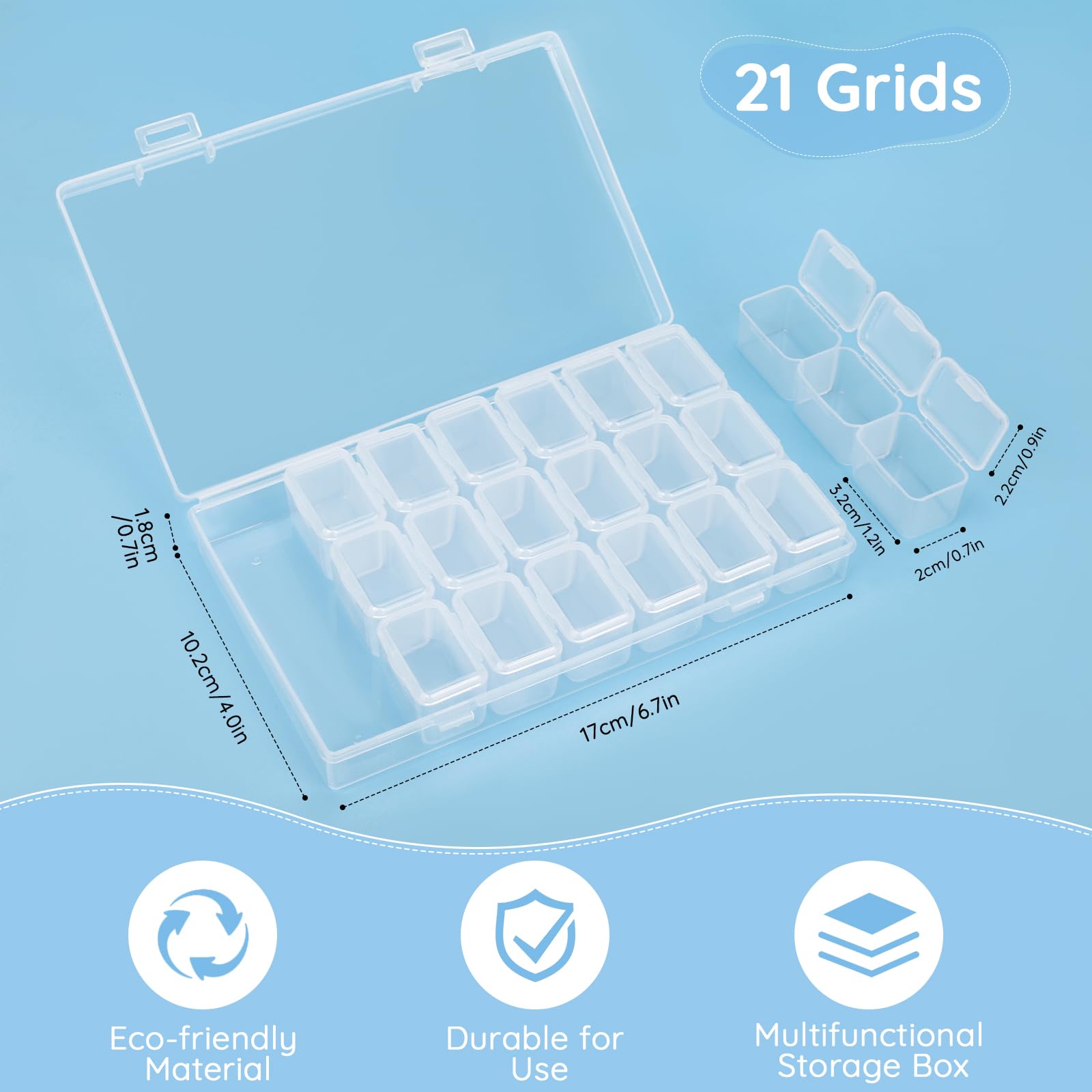 COSICS 21-Grid Rhinestone Case Organizer, 2 Pack Empty Plastic Nail Tips Storage Box with Compartment, Beads Organizer for Jewelry Accessories, False Nails, Gem Stones, Tackles