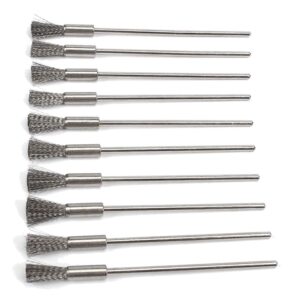 10 pieces extended stainless steel wire steel cleaning end brushes pen wire brush rust paint removal bits polishing rotary tools accessories 3 mm mandrel (6 mm end brush)