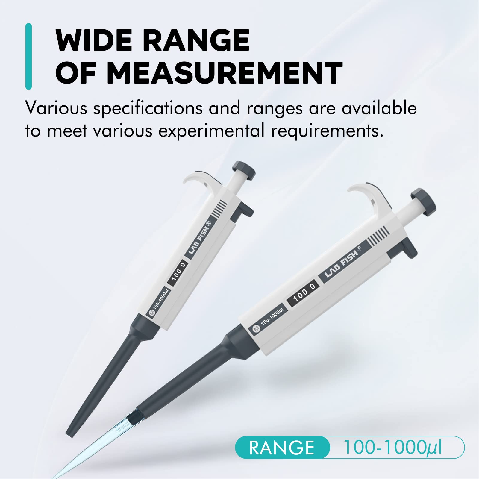 LAB FISH Laboratory Micropipette 100-1000ul Capacity Range High Accurate Single Channel Pipettor Manual Adjustable Volume Pipettes Increment 5ul with 200pcs 1000ul Pipette Tips Set