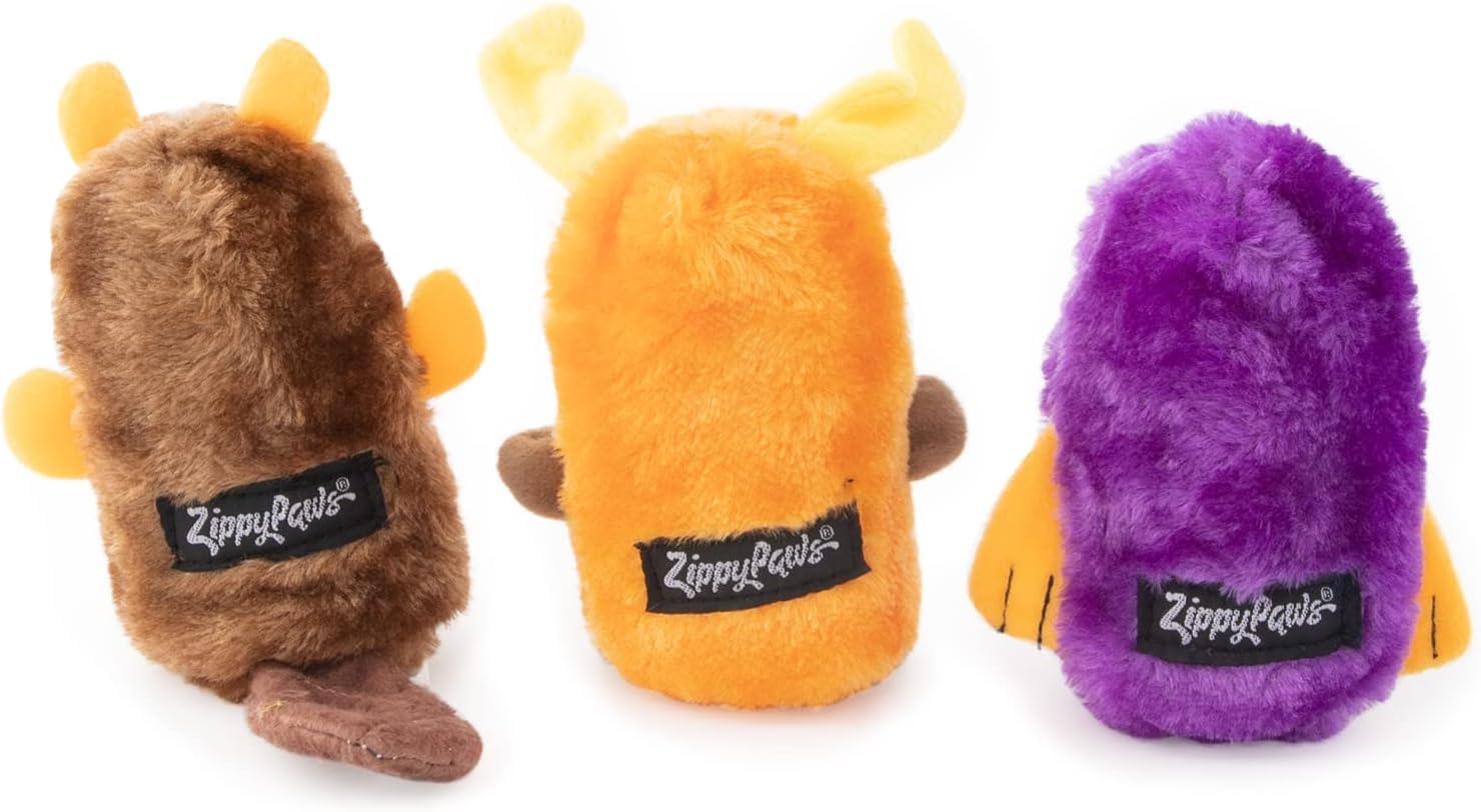 ZippyPaws Plush Squeakie Buddies Dog Toy, Multi-Pack Chew Toys with Large Squeaker, No Stuffing, 3-Pack, Beaver, Moose, Walrus