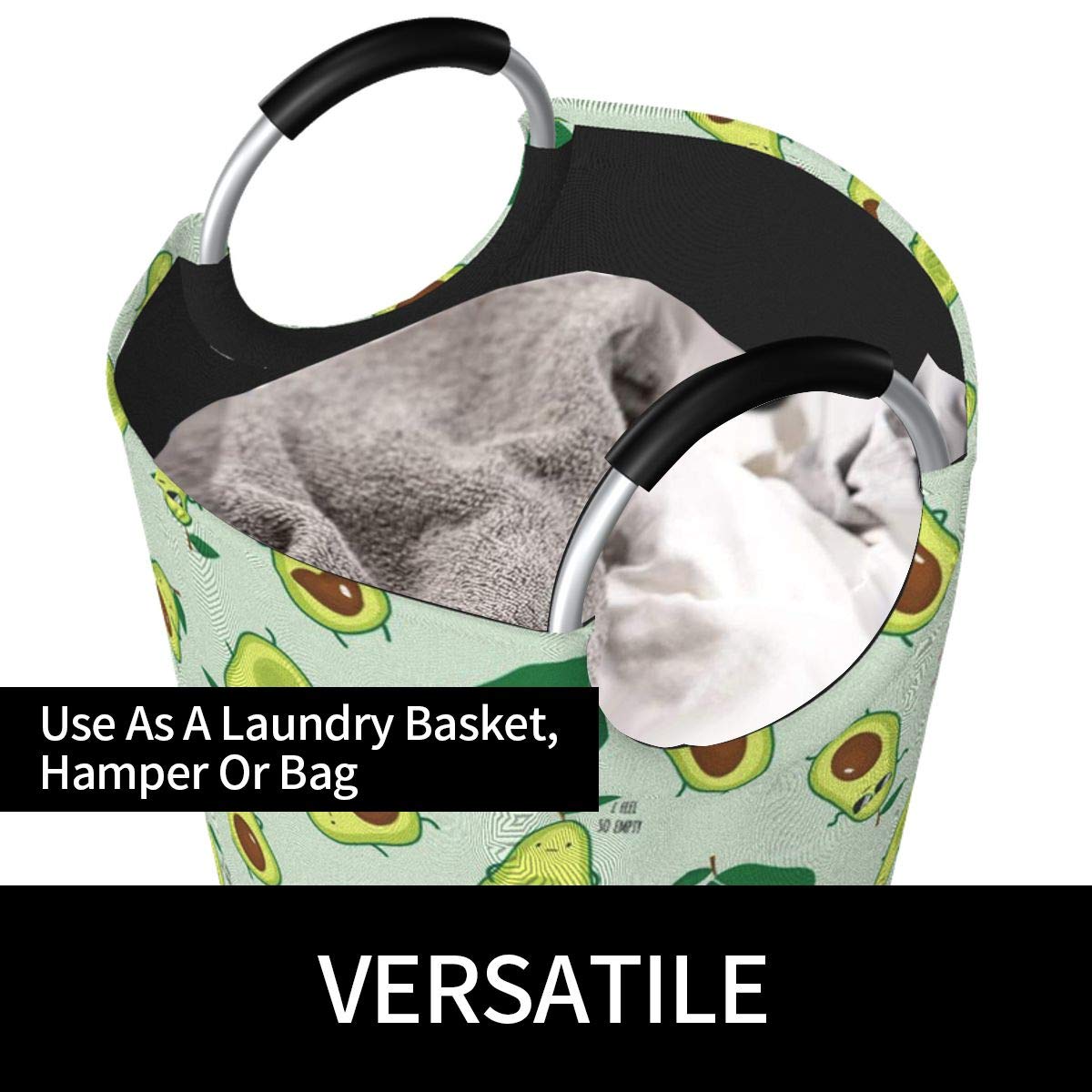 Dujiea 82l X-Large Laundry Basket Tall, Green Cute Avocado Collapsible Laundry Hampers with Aluminium Handles Big Clothes Basket Kids Laundry Bin Round Storage Basket for Dorm Room