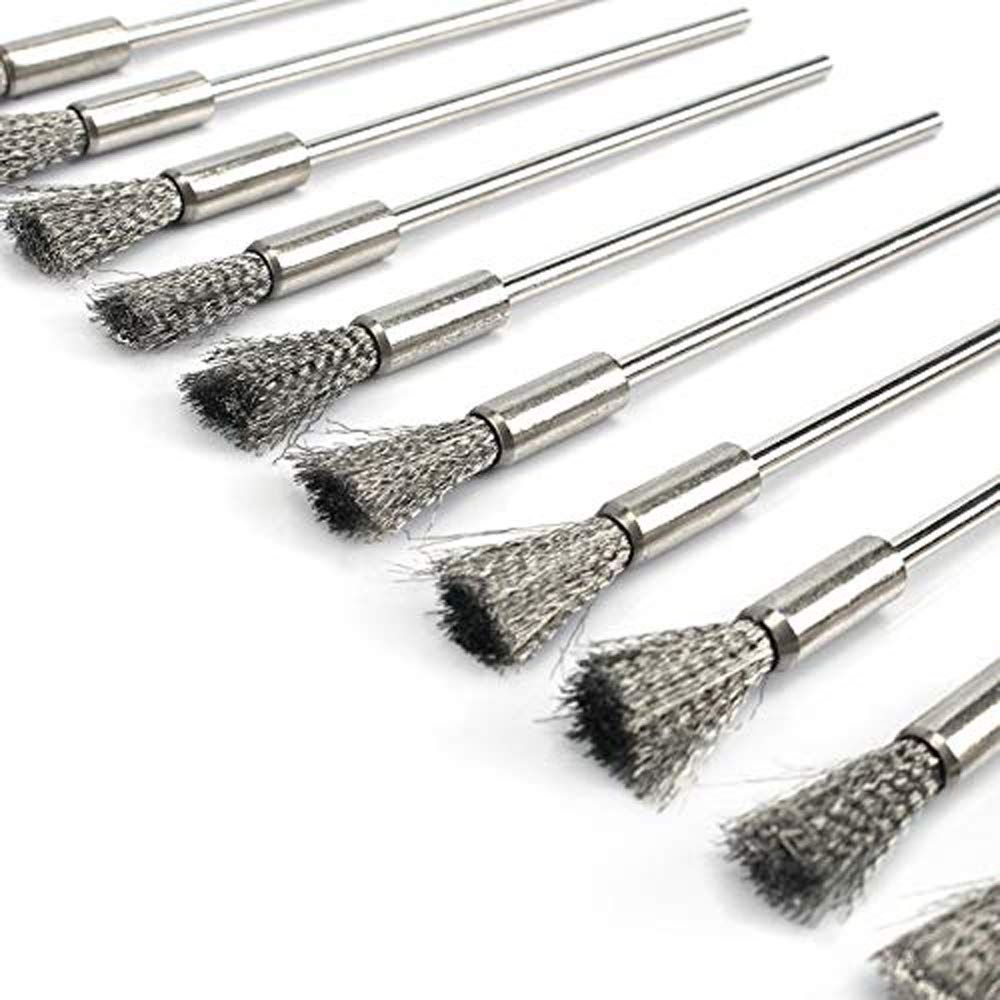 10 Pieces Extended Stainless Steel Wire Steel Cleaning End Brushes Pen Wire Brush Rust Paint Removal Bits Polishing Rotary Tools Accessories 3 mm Mandrel (6 mm end Brush)