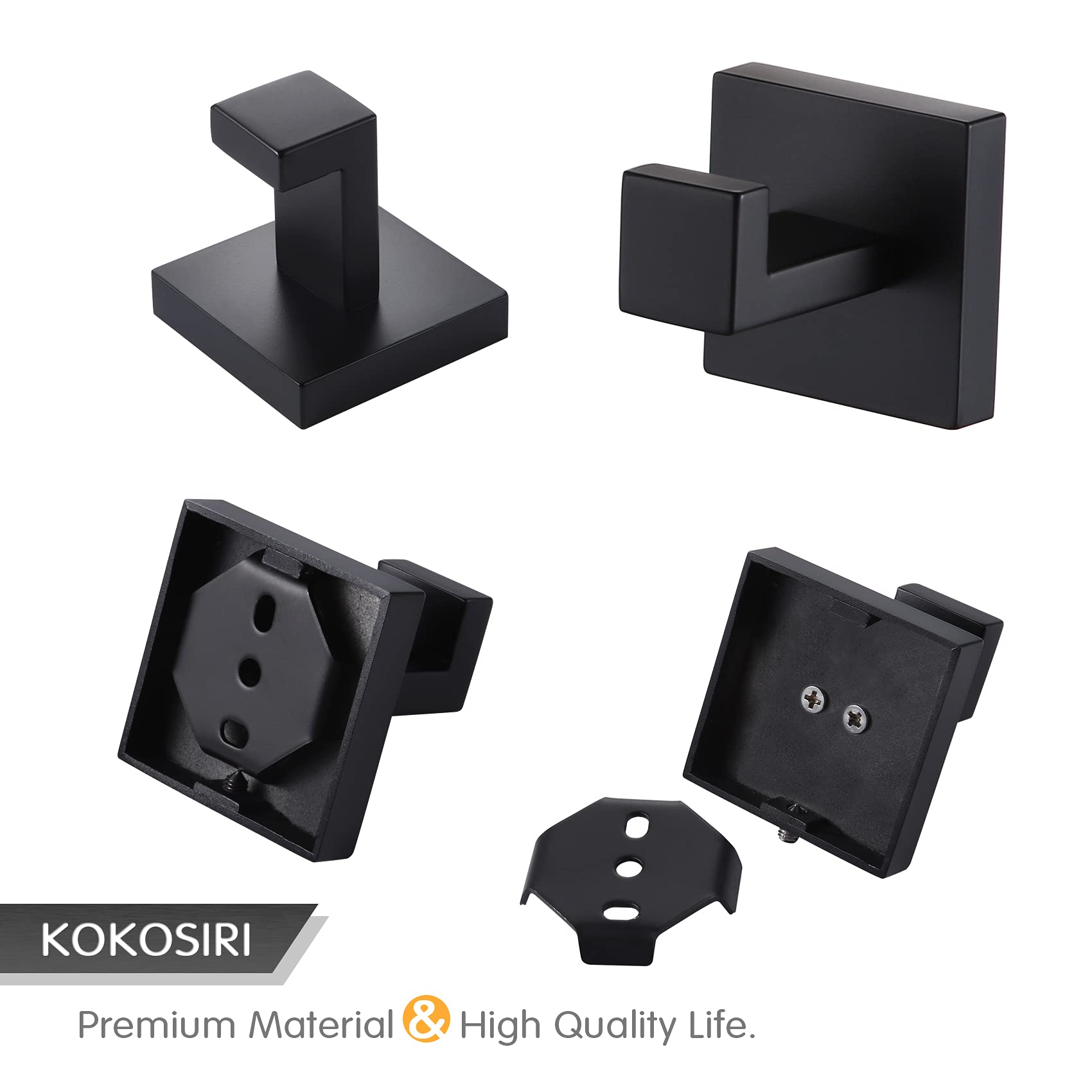 KOKOSIRI Bath Towel Hook Wall Mount Square Robe Hook Coat Hook, Bathroom Kitchen Garage Heavy Duty Wall Mounted, SUS 304 Stainless Steel, Matte Black, B1010BK-P2