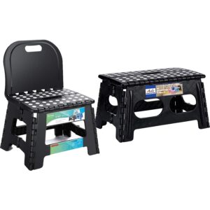 acstep folding step stool, include extra wide heavy duty stepping stool and back support foldable step stool black