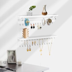 ZGZD White Hanging Jewelry Organizers with Removable Bracelet Rod, Cosmetics Shelves and 42 Hooks for Necklaces, Bracelets and Accessories, Set of 2