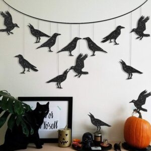 cheerland glitter black crow halloween decorations for gothic halloween tree hanging decoration bird raven banner stick decal garland backdrop centerpiece for theme birthday wedding party supplies