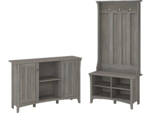 bush furniture salinas entryway storage set with hall tree, shoe bench and accent cabinet in driftwood gray