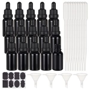 benecreat 15 packs 15ml black glass dropper bottle vials glass eye dropper bottle with labels, plastic hoppers and droppers for essential oil aromatherapy fragrance