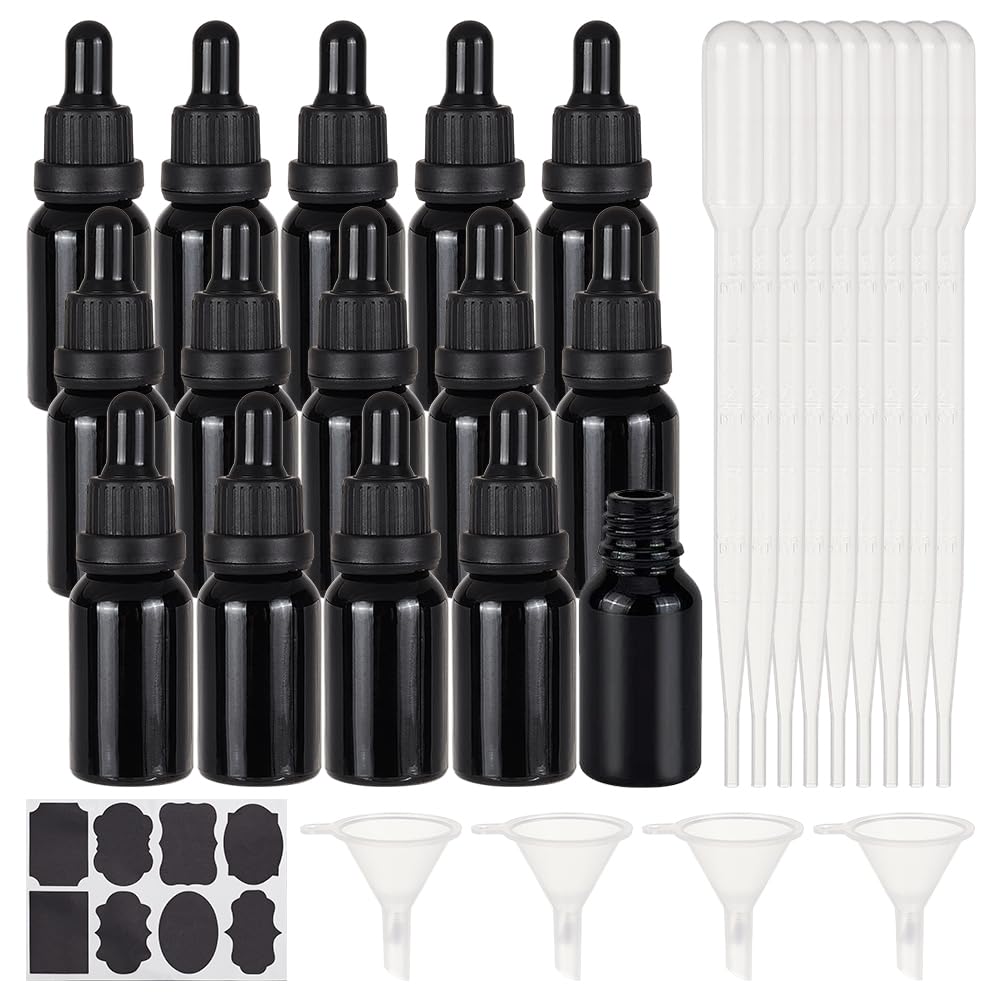 BENECREAT 15 Packs 15ml Black Glass Dropper Bottle Vials Glass Eye Dropper Bottle with Labels, Plastic Hoppers and Droppers for Essential Oil Aromatherapy Fragrance