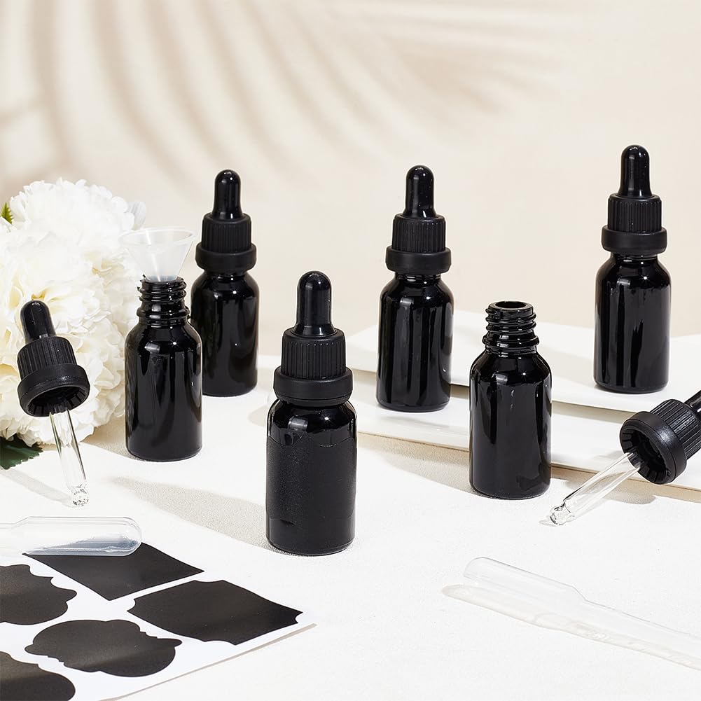 BENECREAT 15 Packs 15ml Black Glass Dropper Bottle Vials Glass Eye Dropper Bottle with Labels, Plastic Hoppers and Droppers for Essential Oil Aromatherapy Fragrance