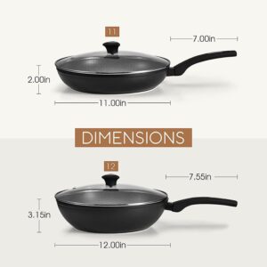 KOCH SYSTEME CS 9.5"+12" Black Nonstick Frying Pan with Lids, Aluminum, Non-stick Coating, Bakelite Handle, Suitable for All Stovetops