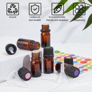 BENECREAT 24 Packs 5ml Brown Glass Essential Oil Bottles with Orifice Dropper Reducer, Plastic Droppers, Hoppers and Labels for Aromatherapy Fragrance Cosmetic Oils