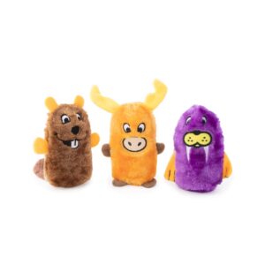 zippypaws plush squeakie buddies dog toy, multi-pack chew toys with large squeaker, no stuffing, 3-pack, beaver, moose, walrus