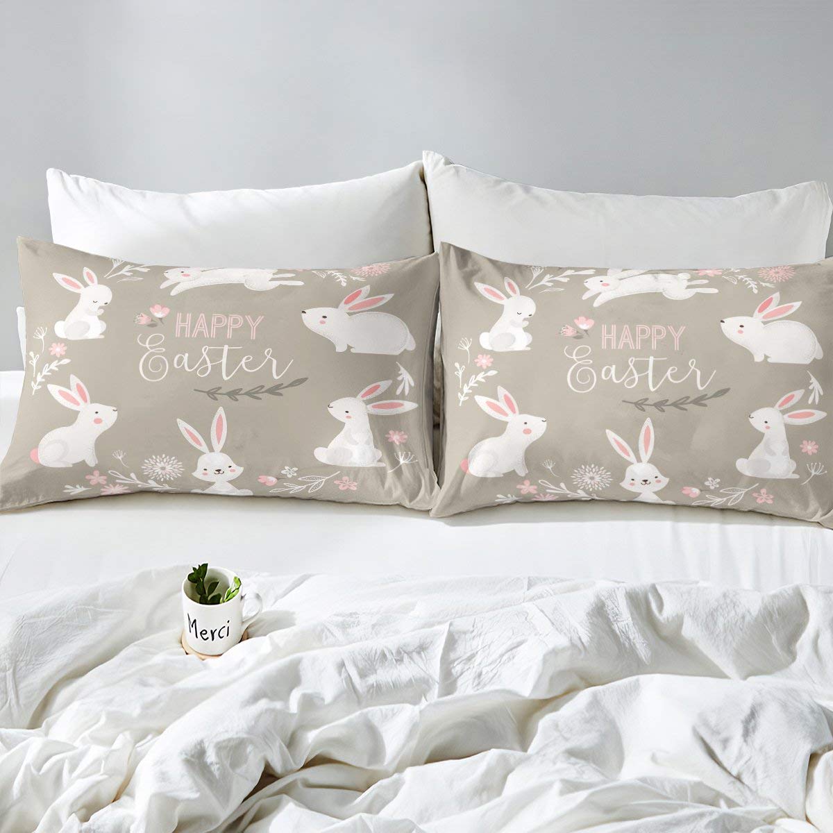 Erosebridal Rabbit Duvet Cover Happy Easter Comforter Cover for Kids Girls Farmhouse Animal Bedding Set Blossom Floral Botanical Bedclothes Child Room Decor with 2 Pillow Cases King Size Pink Gray