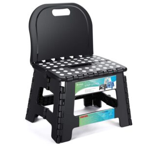 ACSTEP Folding Step Stool, Include Extra Wide Heavy Duty Stepping Stool and Back Support Foldable Step Stool Black