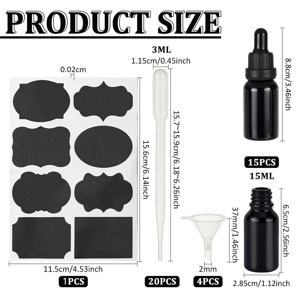 BENECREAT 15 Packs 15ml Black Glass Dropper Bottle Vials Glass Eye Dropper Bottle with Labels, Plastic Hoppers and Droppers for Essential Oil Aromatherapy Fragrance