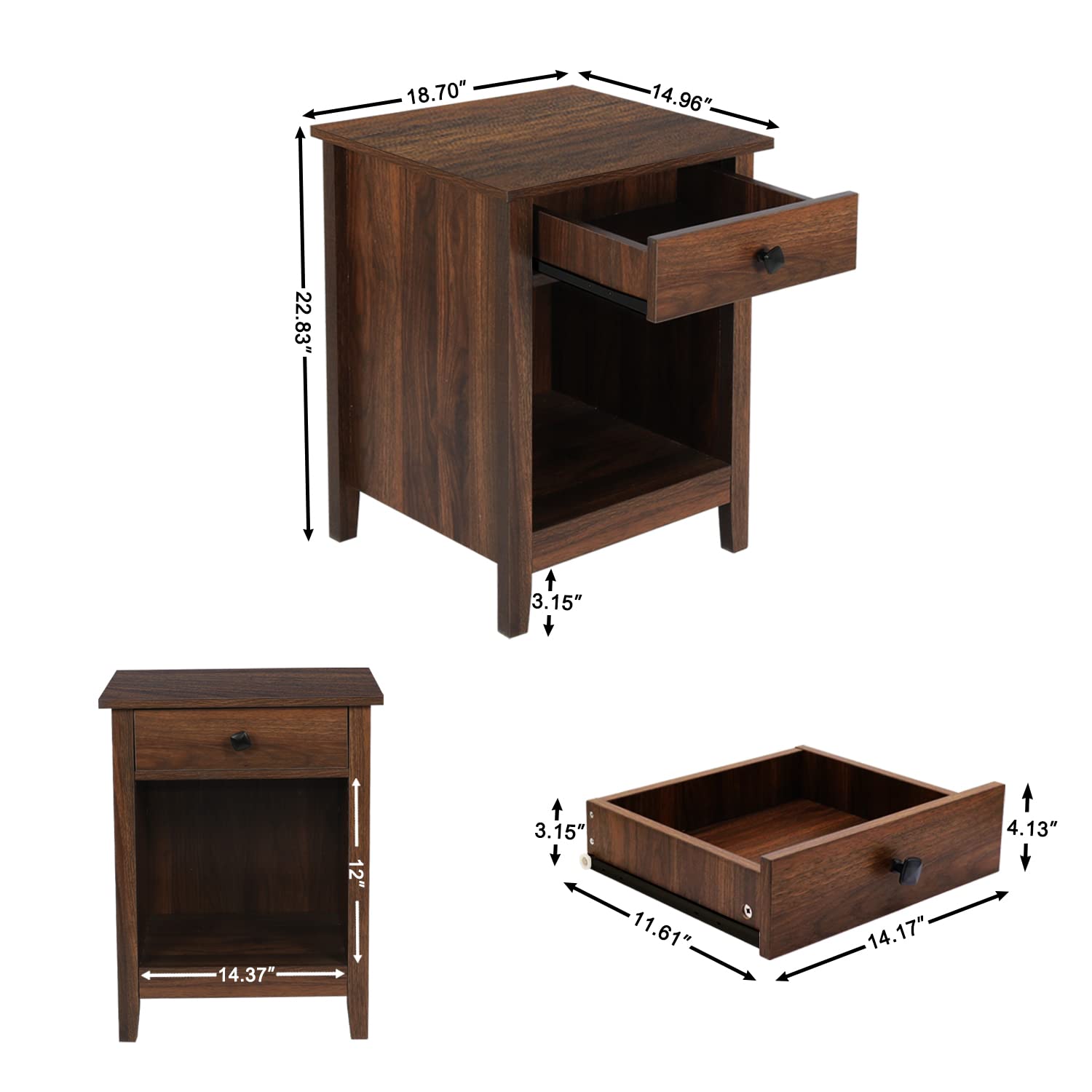 GBU Bedroom Nightstands - Set of 2 Wooden Night Stands with Drawer for Home Bedside End Table Large Storage Furniture, Brown Wood Grain 18.11 in x 15.75 in x 23.62 in