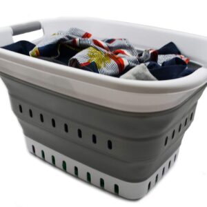 SAMMART 37L (9.77 gallon) Collapsible Plastic Laundry Basket - Foldable Pop Up Storage Container/Organizer - Space Saving Hamper/Basket (1, White/Grey)