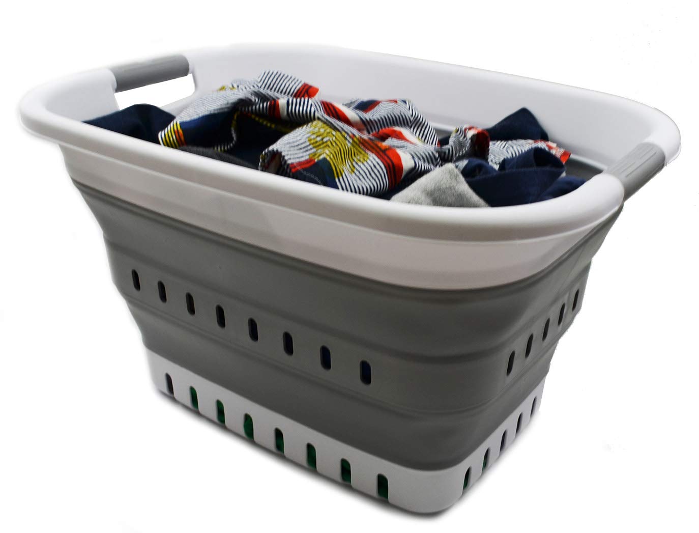 SAMMART 37L (9.77 gallon) Collapsible Plastic Laundry Basket - Foldable Pop Up Storage Container/Organizer - Space Saving Hamper/Basket (1, White/Grey)