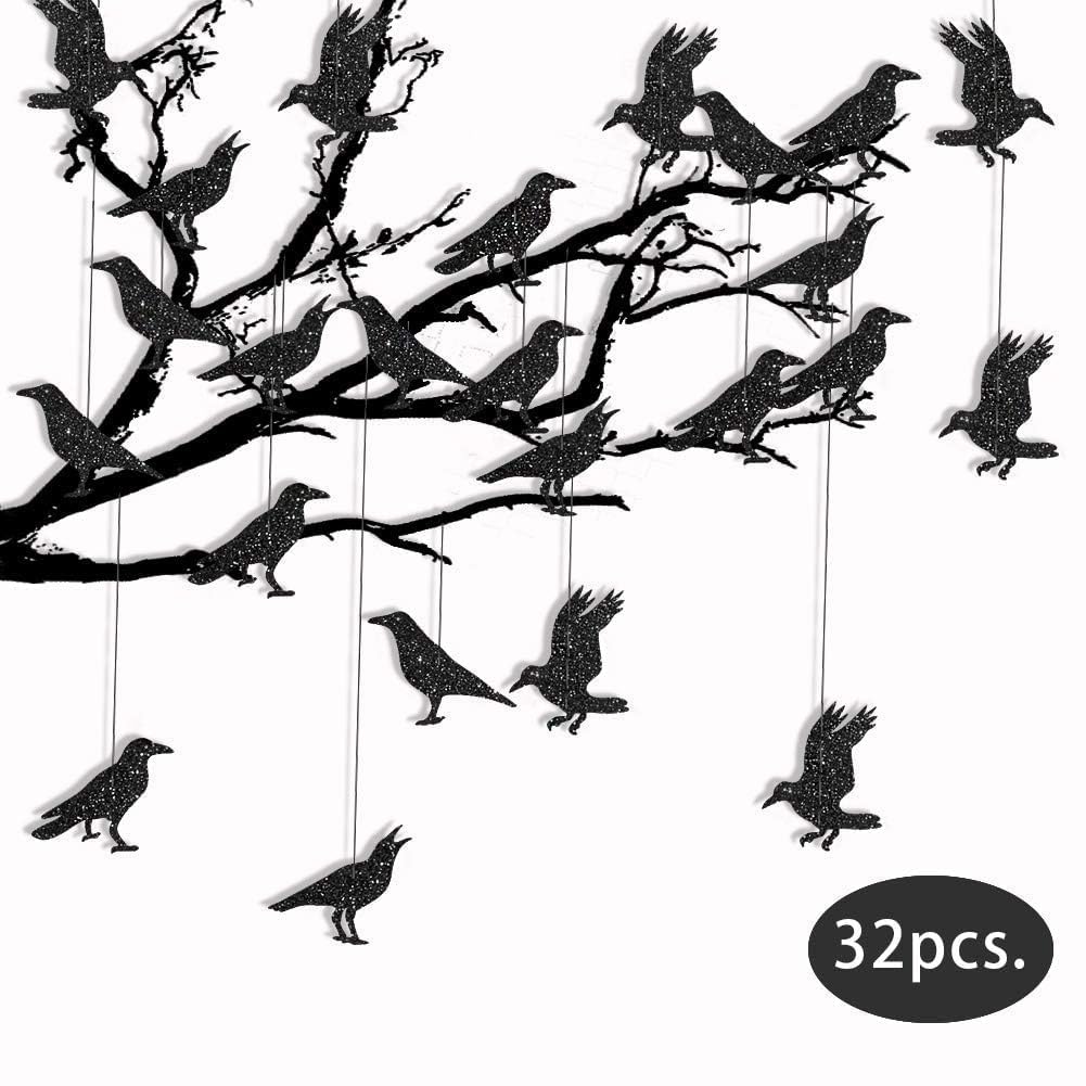 Cheerland Glitter Black Crow Halloween Decorations for Gothic Halloween Tree Hanging Decoration Bird Raven Banner Stick Decal Garland Backdrop Centerpiece for Theme Birthday Wedding Party Supplies