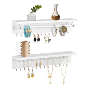 zgzd white hanging jewelry organizers with removable bracelet rod, cosmetics shelves and 42 hooks for necklaces, bracelets and accessories, set of 2