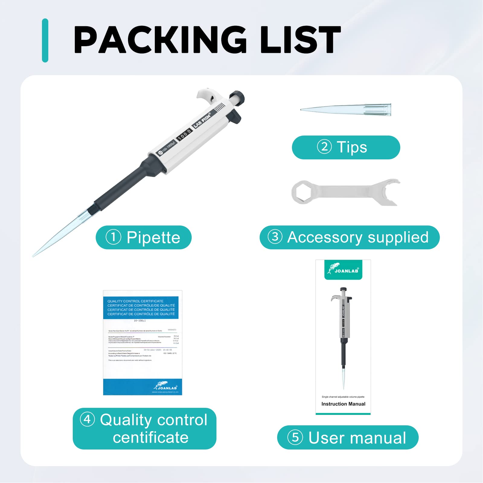 LAB FISH Laboratory Micropipette 100-1000ul Capacity Range High Accurate Single Channel Pipettor Manual Adjustable Volume Pipettes Increment 5ul with 200pcs 1000ul Pipette Tips Set