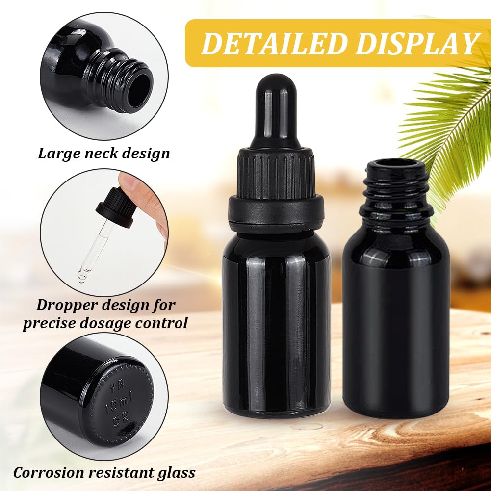 BENECREAT 15 Packs 15ml Black Glass Dropper Bottle Vials Glass Eye Dropper Bottle with Labels, Plastic Hoppers and Droppers for Essential Oil Aromatherapy Fragrance