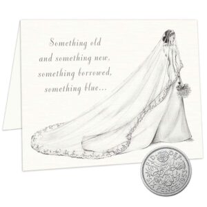 old sixpence coin and wedding card for bride, something old, something new, something borrowed, something blue, and a sixpence for her shoe. (1954-1967)