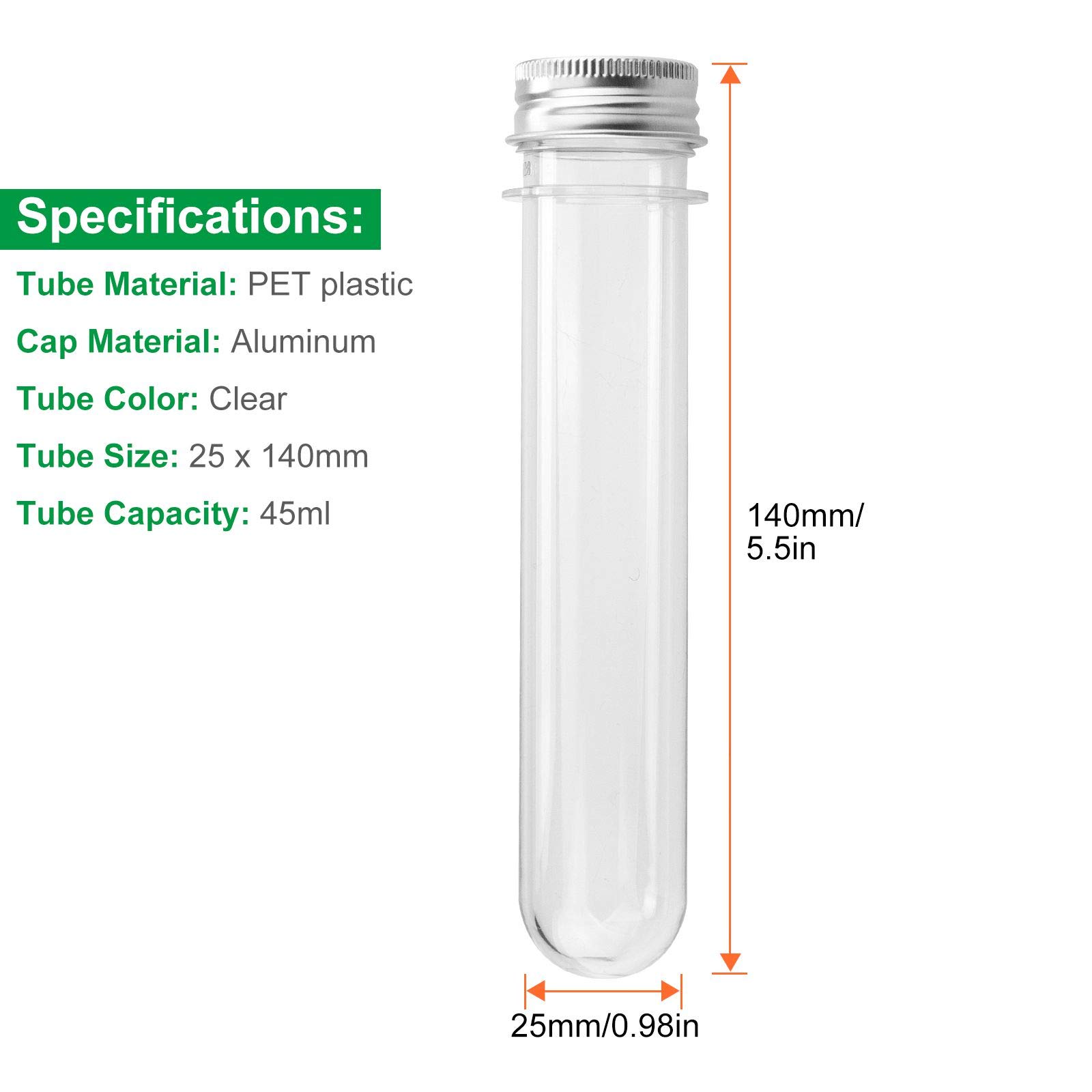 Acrux7 60 Pack Plastic Test Tubes, 45 ML Clear Test Tubes with Screw Caps, Plastic Test Tube Container for Bath Salts, Candy Storage, Scientific Party, Wedding Decorate, Plant Propagation