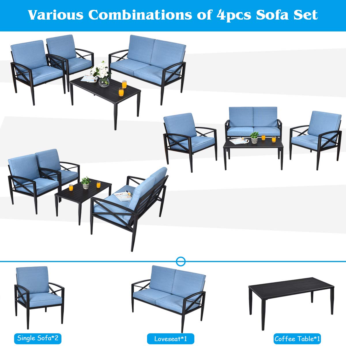 Tangkula 4PCS Outdoor Aluminum Patio Conversation Set, Patio Sofa Set 1 Loveseat, 2 Single Sofas, 1 Coffee Table, Outdoor Furniture Set w/Padded Cushions for Garden, Yard, Pool, Backyard (1, Blue)