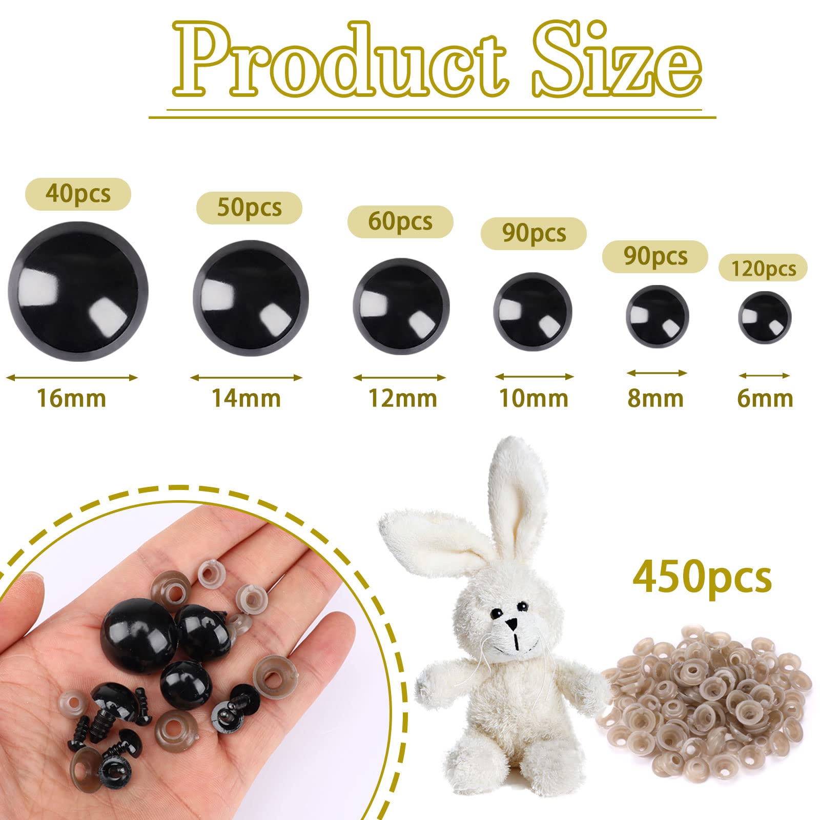 UPINS 900 Pieces 6-16MM Black Plastic Safety Eyes with Washers for Crochet Animal Crafts Doll Making Supplier Bulk (6 Sizes)