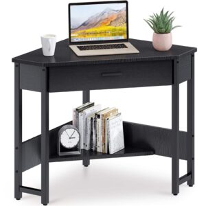 odk corner desk, triangle computer desk corner vanity with large drawer & storage shelves, corner writing desk for workstation