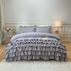 MOOWOO Waterfall Ruffle Duvet Cover Queen 3 Piece Shabby Chic Bedding Solid Color Soft and Breathable with Zipper Closure & Corner Ties (Gray, Queen)