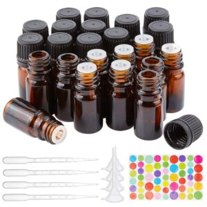 benecreat 24 packs 5ml brown glass essential oil bottles with orifice dropper reducer, plastic droppers, hoppers and labels for aromatherapy fragrance cosmetic oils