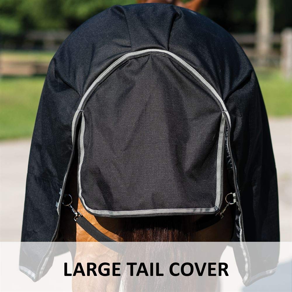 STORM SHIELD Horse Turnout Blanket | Attached Neck Cover | Heavy Weight - 380 Grams | Size 74 - Black | 1200 Denier | Criss-Cross Surcingle | Waterproof, Windproof & Breathable