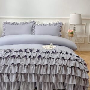 MOOWOO Waterfall Ruffle Duvet Cover Queen 3 Piece Shabby Chic Bedding Solid Color Soft and Breathable with Zipper Closure & Corner Ties (Gray, Queen)