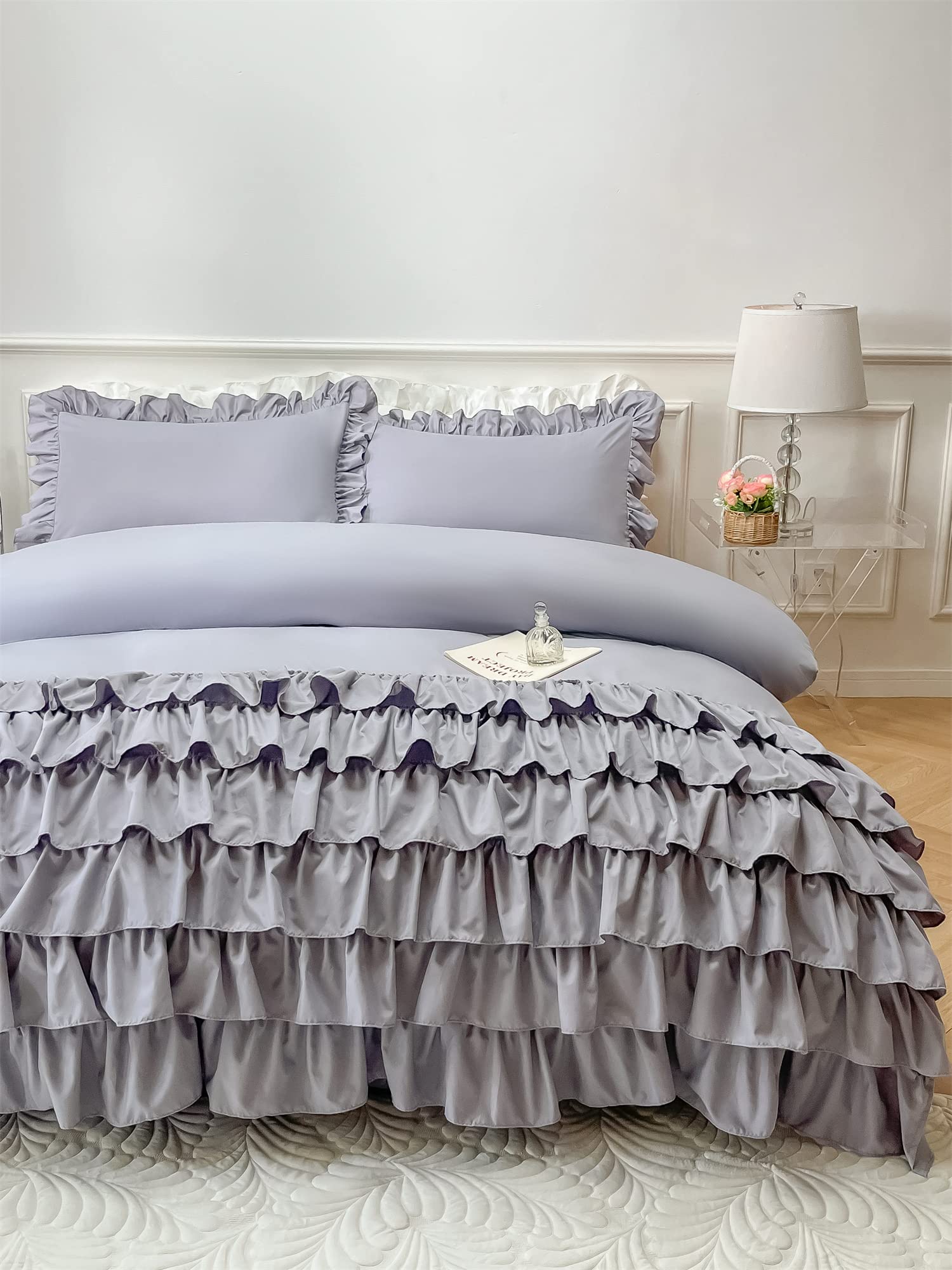 MOOWOO Waterfall Ruffle Duvet Cover Queen 3 Piece Shabby Chic Bedding Solid Color Soft and Breathable with Zipper Closure & Corner Ties (Gray, Queen)