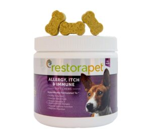 restorapet allergy, itch & immune soft chews - natural supplement for dogs - support immunity, soothe skin irritation, improve coat quality – with lactoferrin, colostrum & omega 3-60 bacon chewables