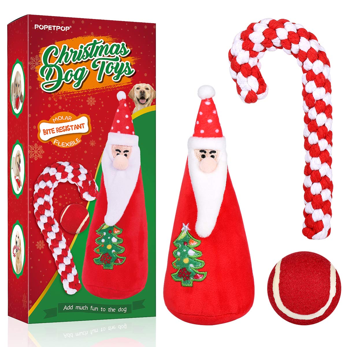 POPETPOP Christmas Dog Toys 3 Pcs, Dog Teeth Cleaning Rope Toy, Durable Dog Chew Ball and Santa Squeaky Plush Dog Toy for Small Dogs and Puppy - Xmas Dog Toy