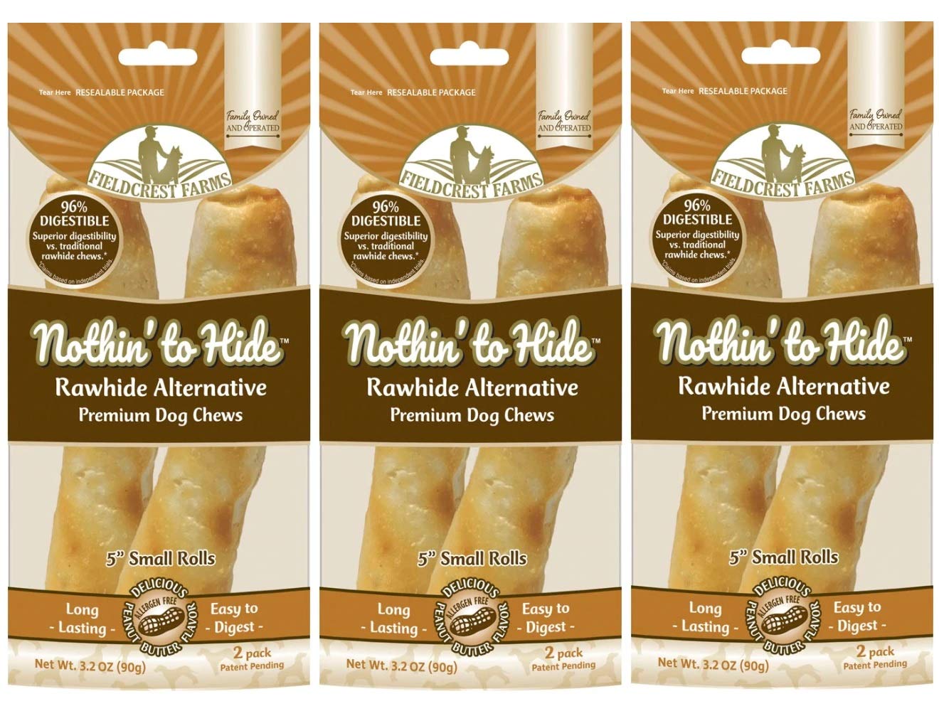 Fieldcrest Farms Nothing to Hide Natural Rawhide Alternative 5'' Rolls for Dogs - 3 Pack (6 Chews) Premium Grade Easily Digestible Chews (Peanut Butter)