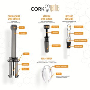 Cork Genius 4-Piece Wine Opener Set, Air Pump Wine Bottle Opener, Wine Aerator Pourer Spout, Wine Foil Cutter, and Leakproof Vacuum Wine Stopper, Wine Gift Set for Wine Lovers, Black