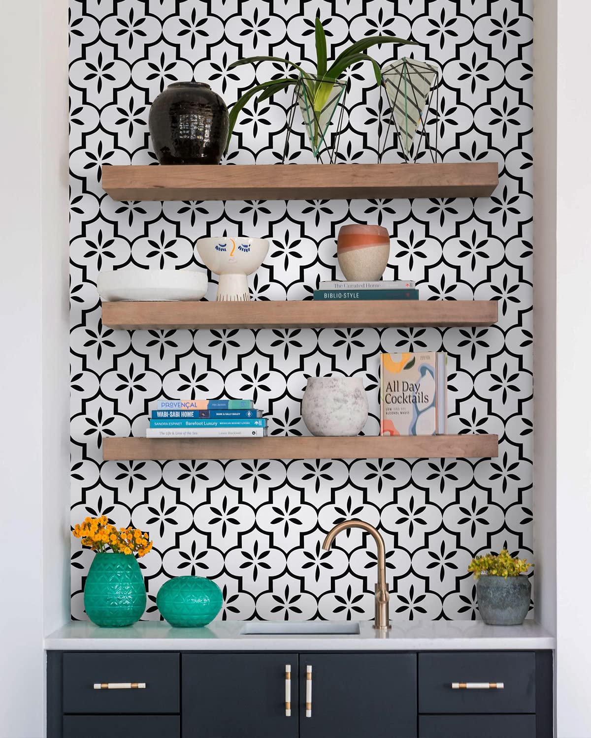 GloryTik Black Contact Paper Trellis Wallpaper White and Black Geometry Pattern Peel and Stick Wallpaper Self-Adhesive Removable Wallpaper White Modern for Cabinet Drawer Lining Wall Decor 17.7"X118"