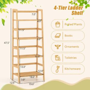 HAPPYGRILL 4 Tier Bamboo Bookshelf, Freestanding Open Bookcase Book Shelf Multifunctional Plant Flower Display Stand, Ladder Shelf for Bedroom, Living Room, Home Office,Small Space