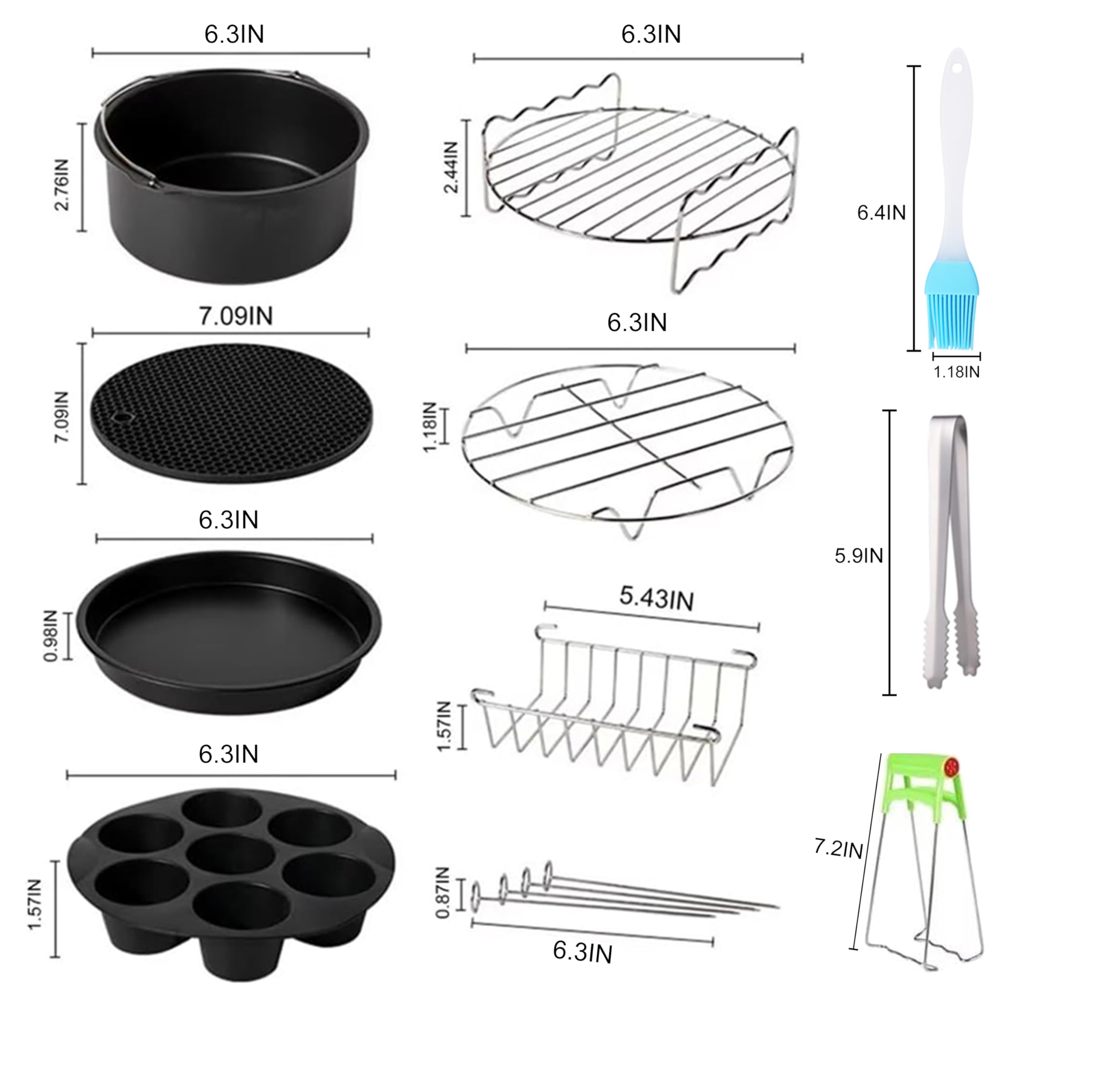 7 Inch 10pcs Air Fryer Accessories Set Fit for Gowise Gourmia Cozyna Ninja,Fit All 3.2qt-6.8qt Air Fryer,Kits with Skewers Silicone Mat,Pizza Pan,Cake Barrel,Non-Stick,Dishwasher Safe,Universal,Black