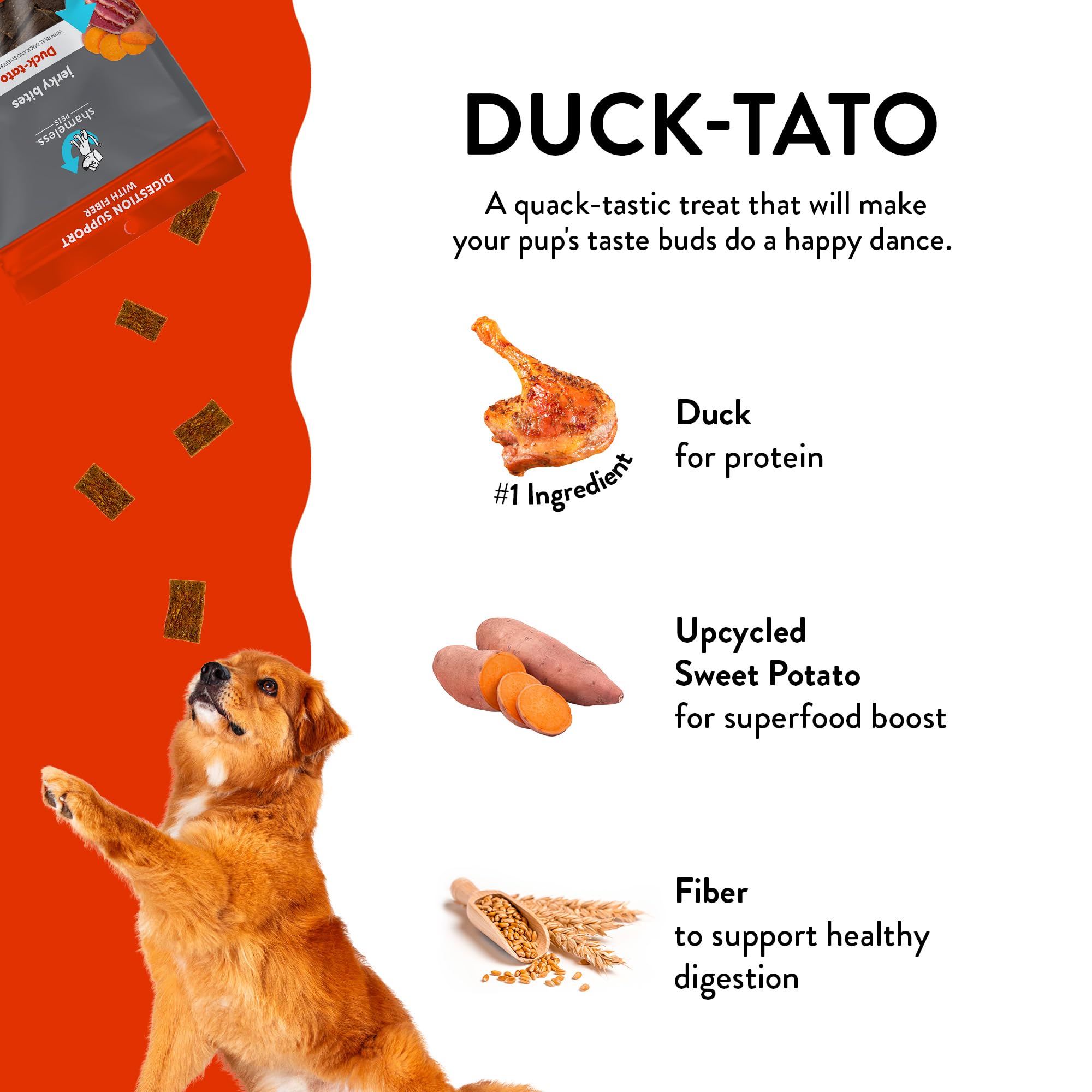 Shameless Pets Jerky Dog Treats, Duck-Tato - Healthy Dog Chews for Digestion Support with Fiber - Dog Treats with Real Cage-Free Duck - Free from Grain, Corn & Soy - 1-Pack