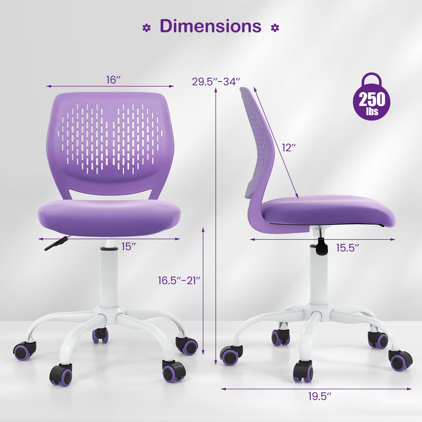 Giantex Kids Desk Chair, Adjustable Children Study Chair, Swivel Chair Armless Mesh Task Student Chair, Child Desk Chair with Adjustable Height & Lumbar Support Computer Chair (Purple)