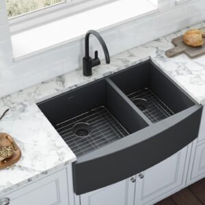 Ruvati 33-inch Gunmetal Black Stainless Steel 60/40 Double Bowl Apron-Front Farmhouse Kitchen Sink - RVH9742BL