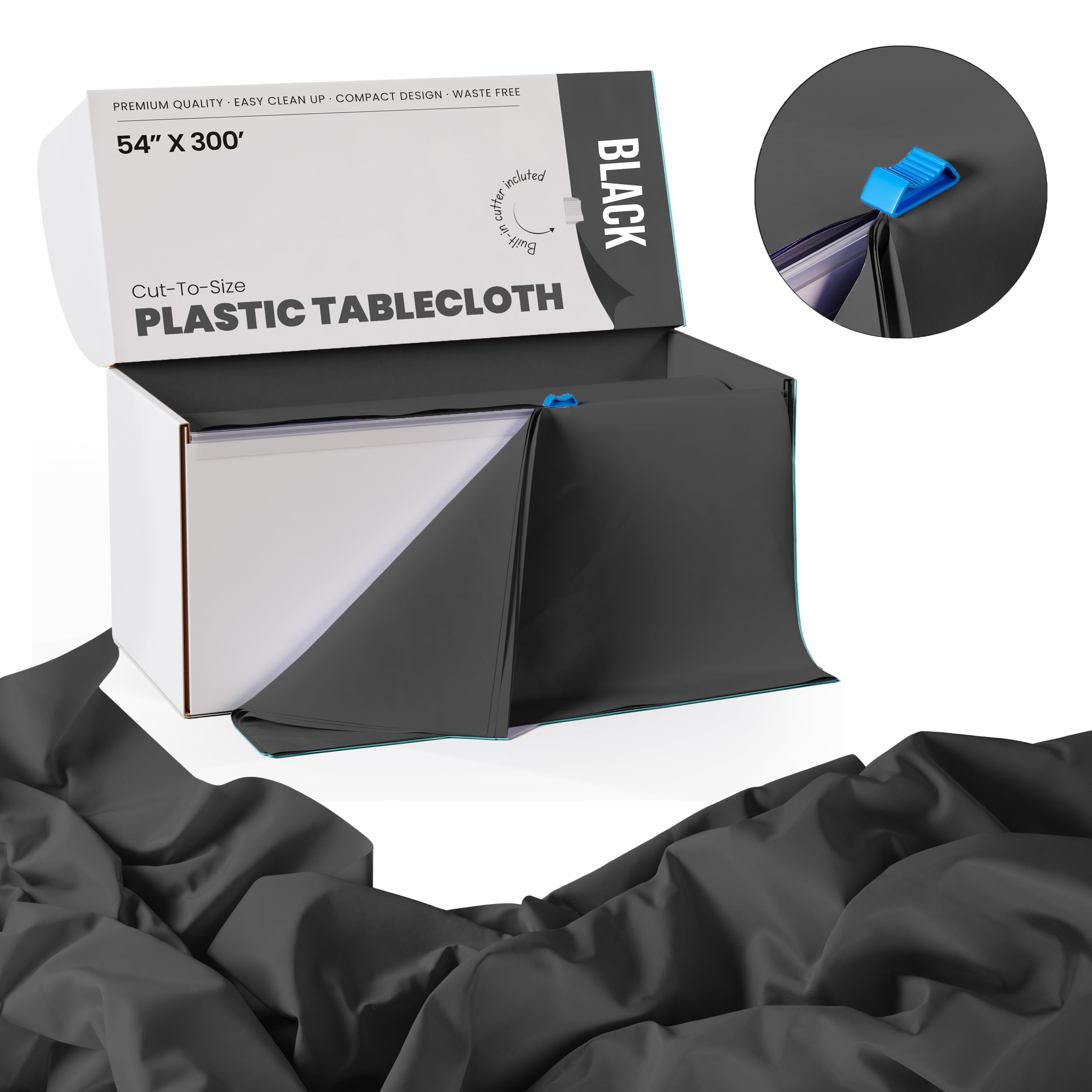 Exquisite 54 Inch X 300 Feet Black Plastic Table Cover Roll in A Cut - to - Size Box with Convenient Slide Cutter. Cuts Up to 36 Rectangle 8 Feet Plastic Disposable Tablecloths