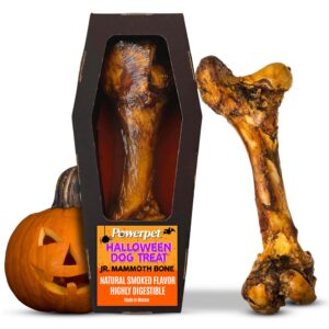 powerpet jr. mammoth bone - halloween dog treats, natural beef dog chew bones, digestible dog bones w/high calcium, for dental health, large breeds & aggressive chewers - odorless, smoked flavor 1pc